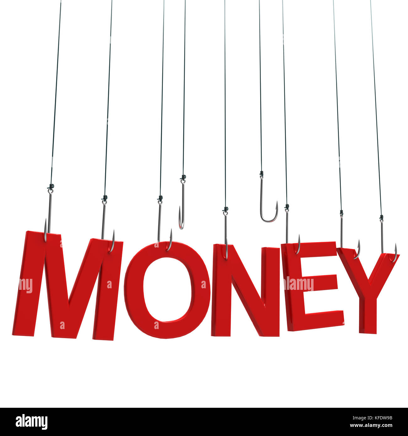 Text "Money" hanging on a fishing hook. Isolated on white background ...