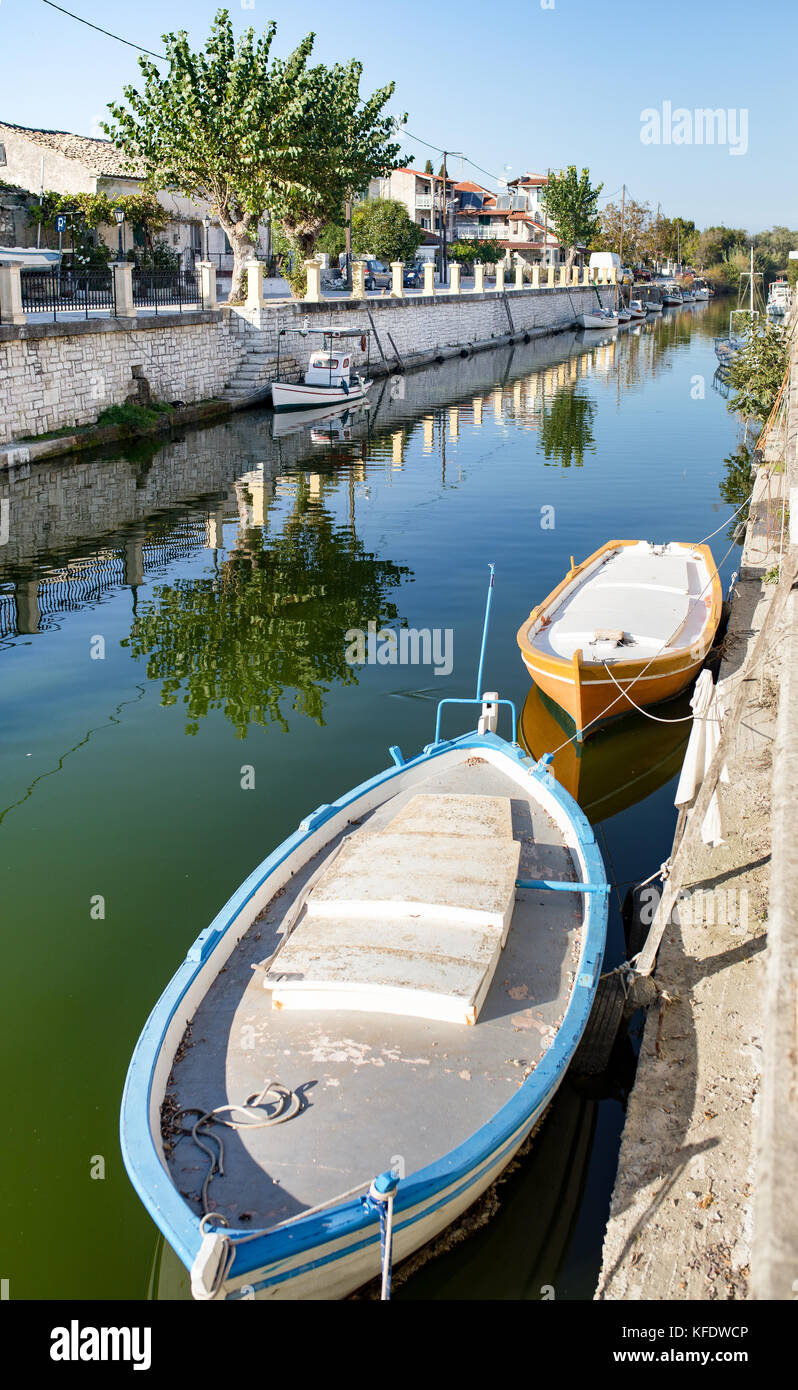 The canal or river in the greek town Lefkimmi, Ionian Islands, Corfu ...