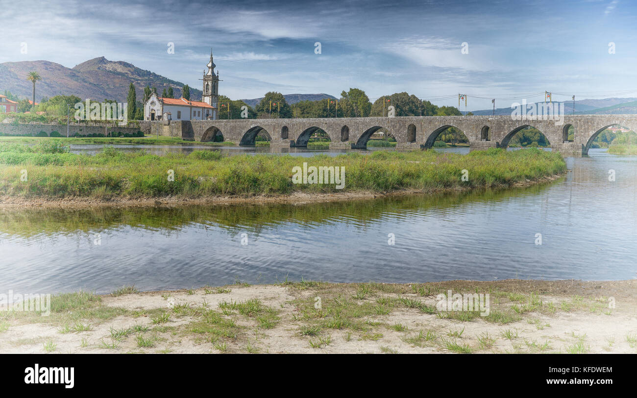 Roman bridge crossing the Rio Lima in Ponte de Lima; Camino de Santiago ...