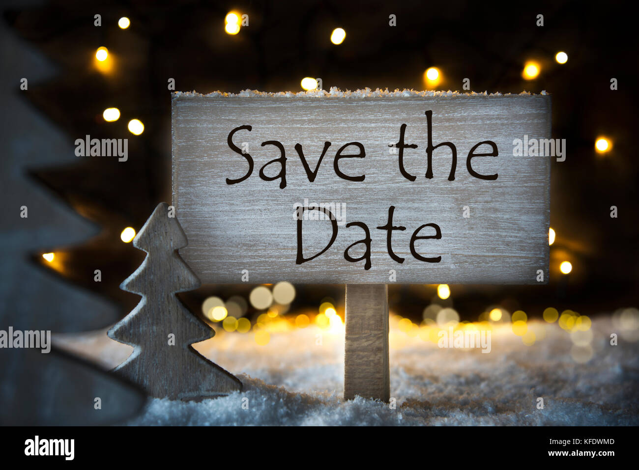 Sign With English Text Save The Date. White Christmas Tree With Snow ...