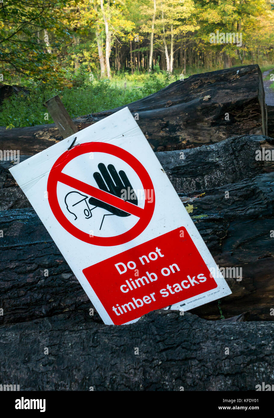 A warning danger sign on a log pile, reading do not climb on timber ...