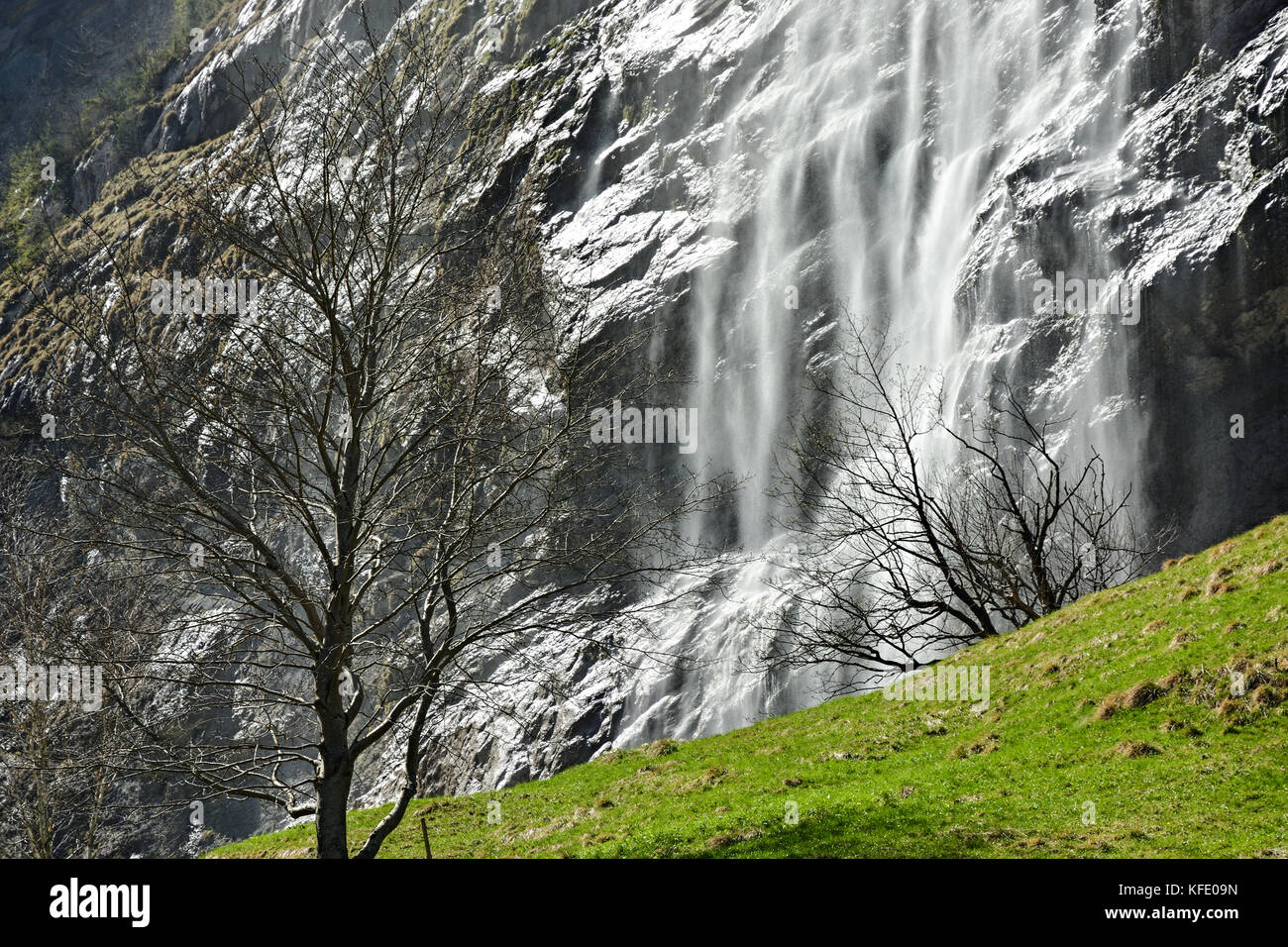 Detailed look on Staubbach falls in Lauterbrunnen, Switzerland Stock ...