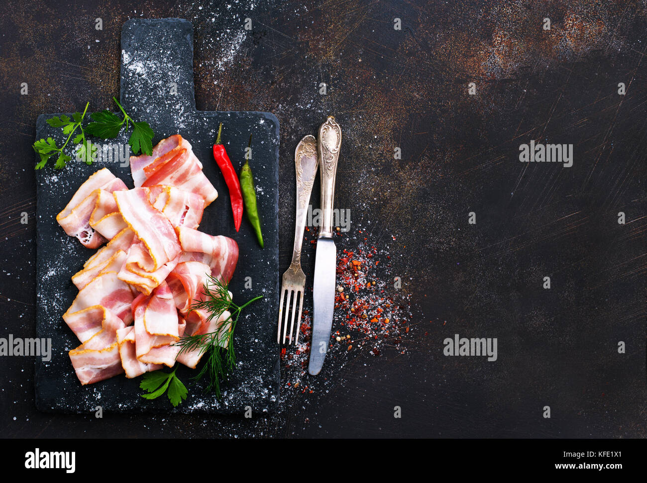 bacon and aroma spice on a table Stock Photo - Alamy