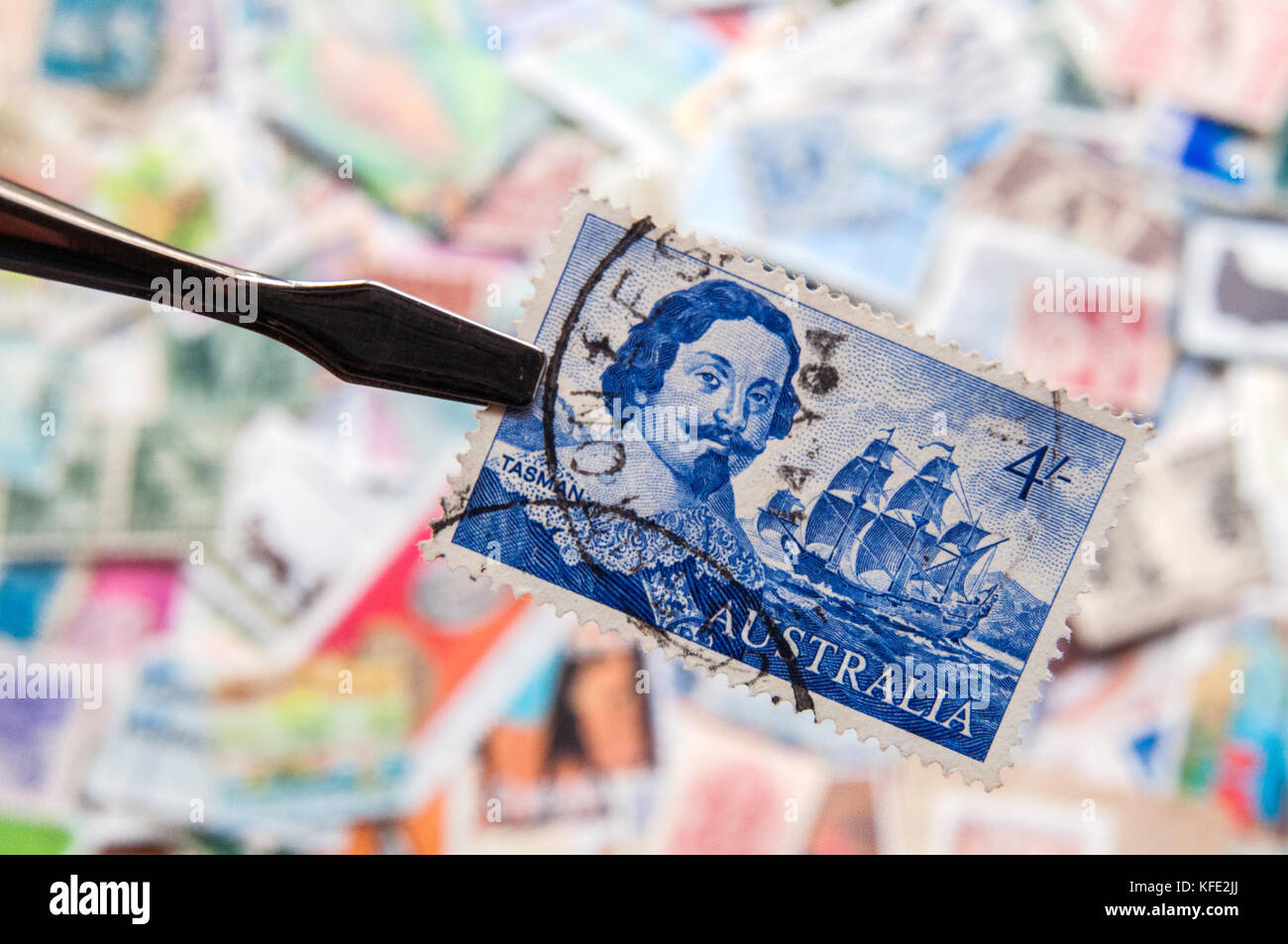 1966 Australia Abel Tasman 4s postage stamp over collection of other ...