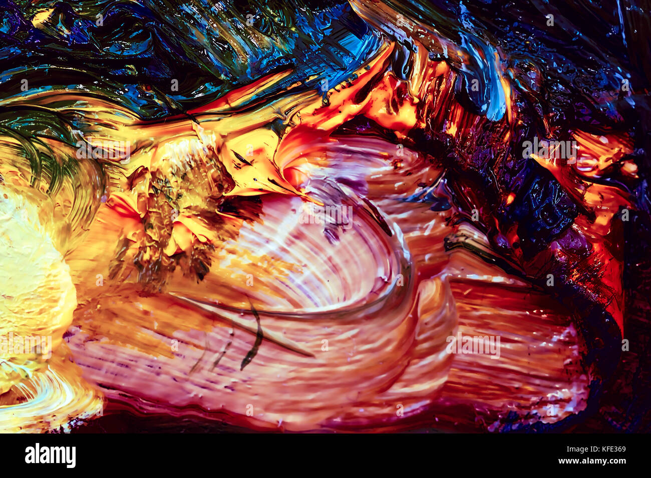 Detail of artist palette, color tones mixed together Stock Photo - Alamy