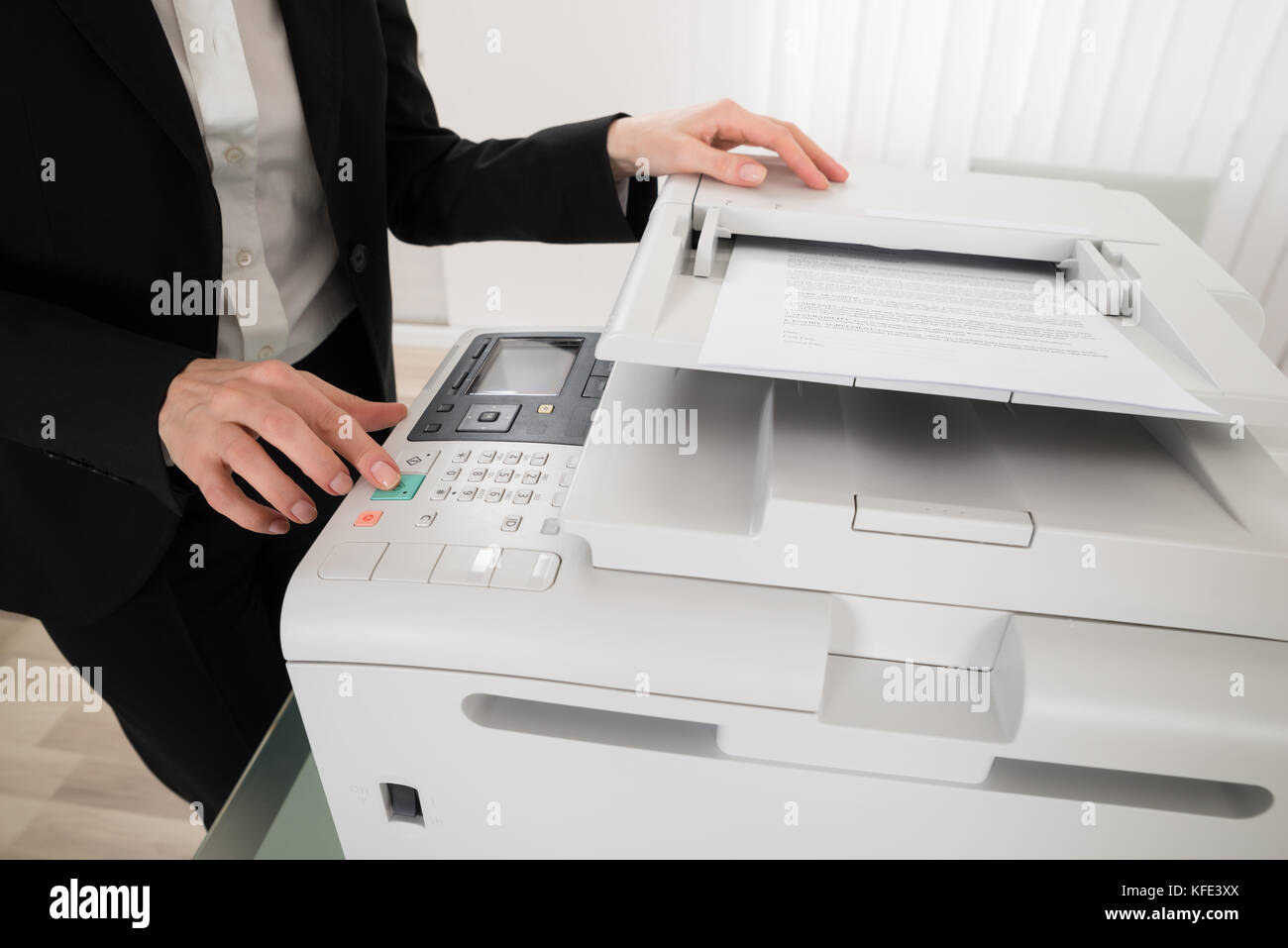 Close-up Of Businesswoman Pressing Printer's Button In Office Stock ...