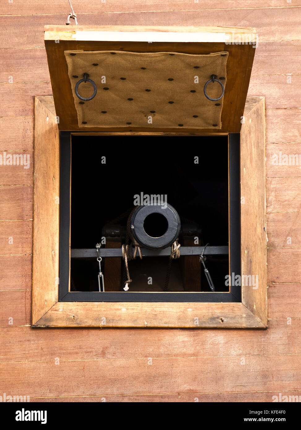 Cannon windows on a 17th Century Spanish Armada galleon berthed at the ...