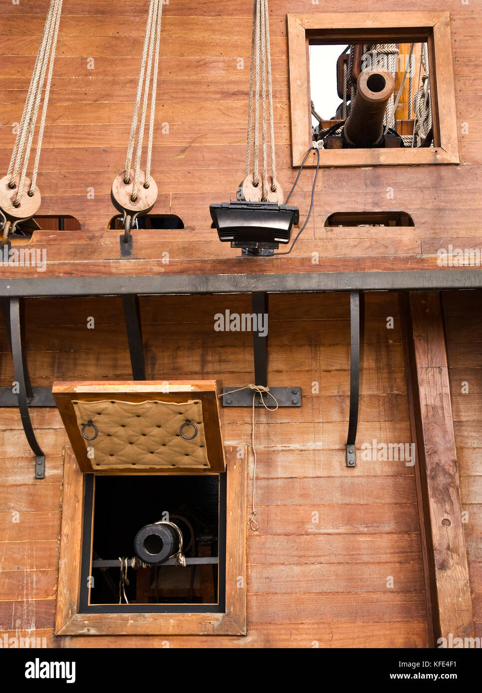Cannon windows on a 17th Century Spanish Armada galleon berthed at the ...