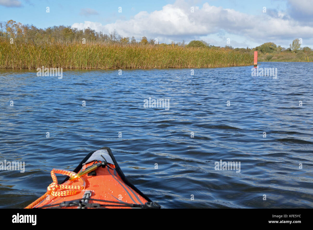 Bow of Advanced Elements inflatable kayak on Barton Broad, Norfolk, UK ...