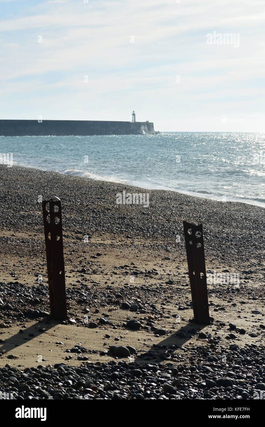 Weathered metal sea defence on South Coast beach in England Stock Photo ...