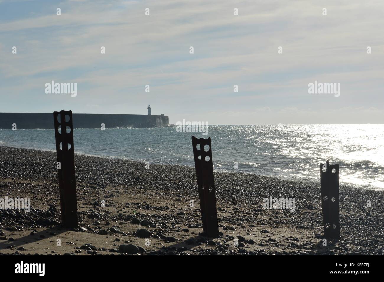 Weathered metal sea defence on South Coast beach in England Stock Photo ...