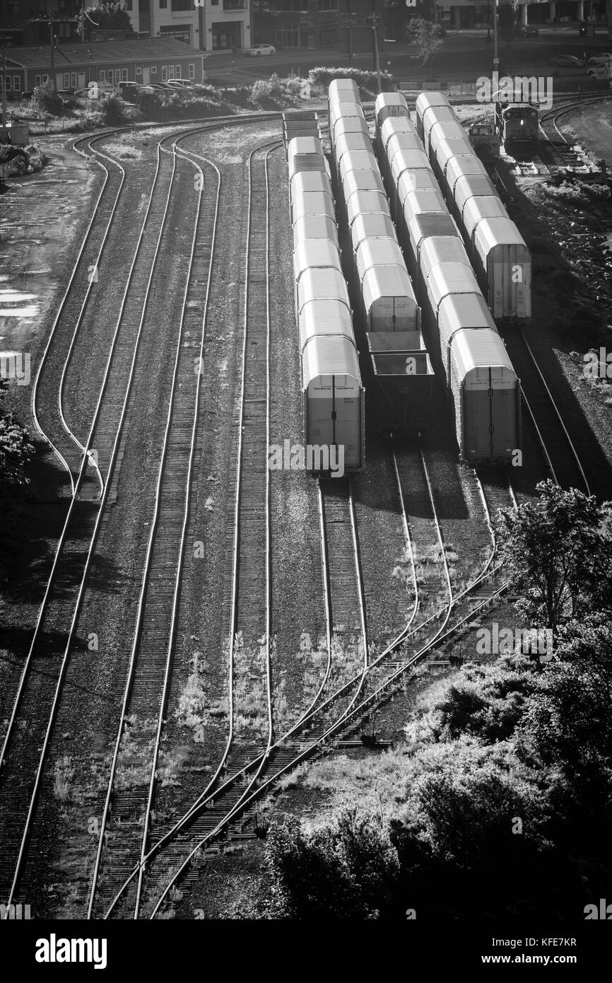 Auto carrier rail cars in a train marshaling yard Stock Photo - Alamy