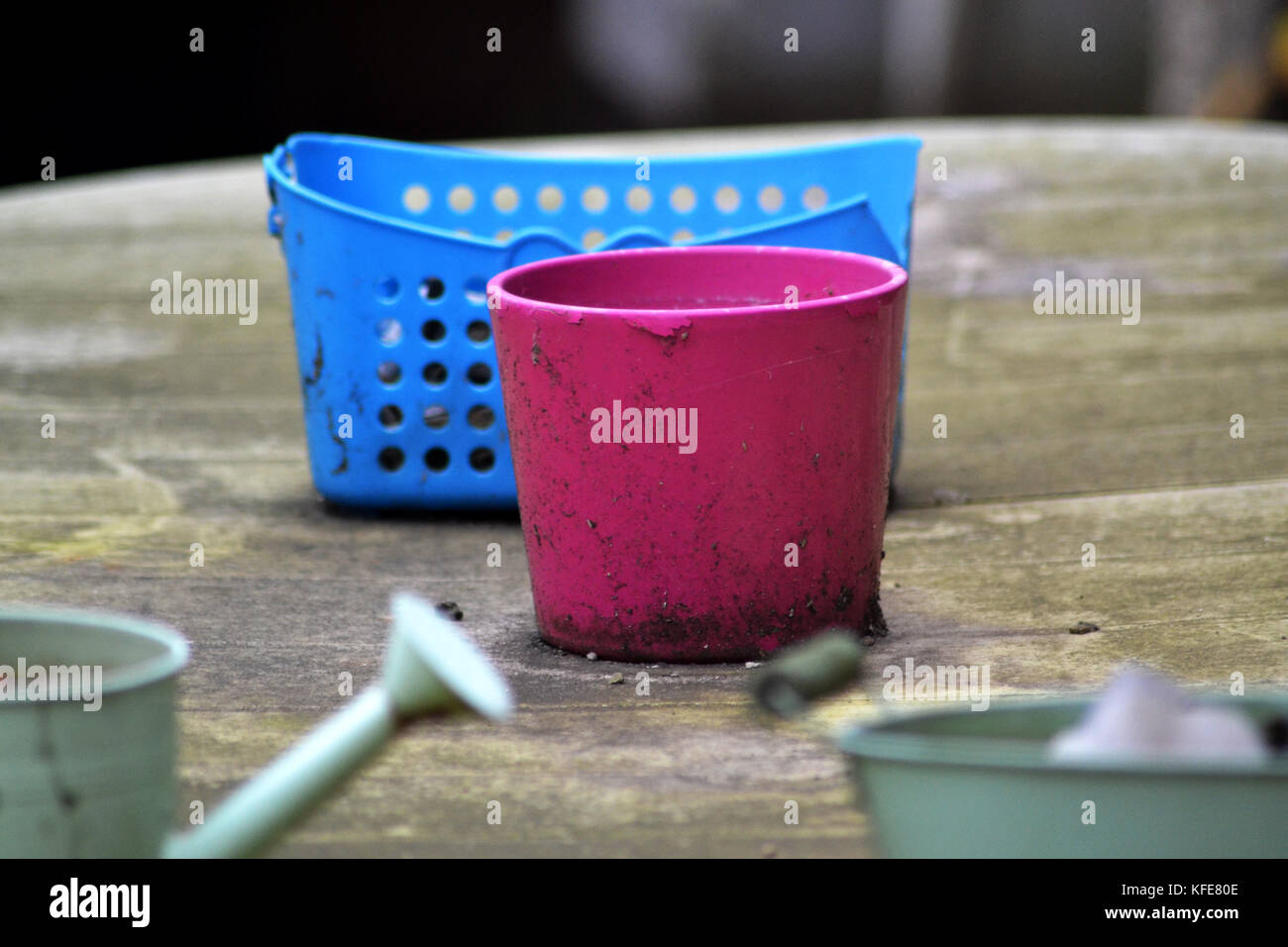 Pots on a dirty table Stock Photo - Alamy