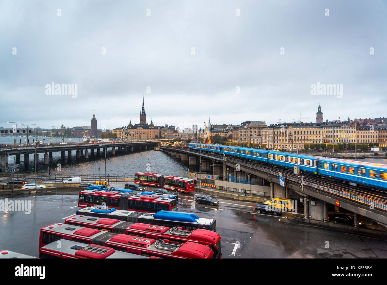 Cityscape including the bus terminal, train and road bridge and Gamla ...