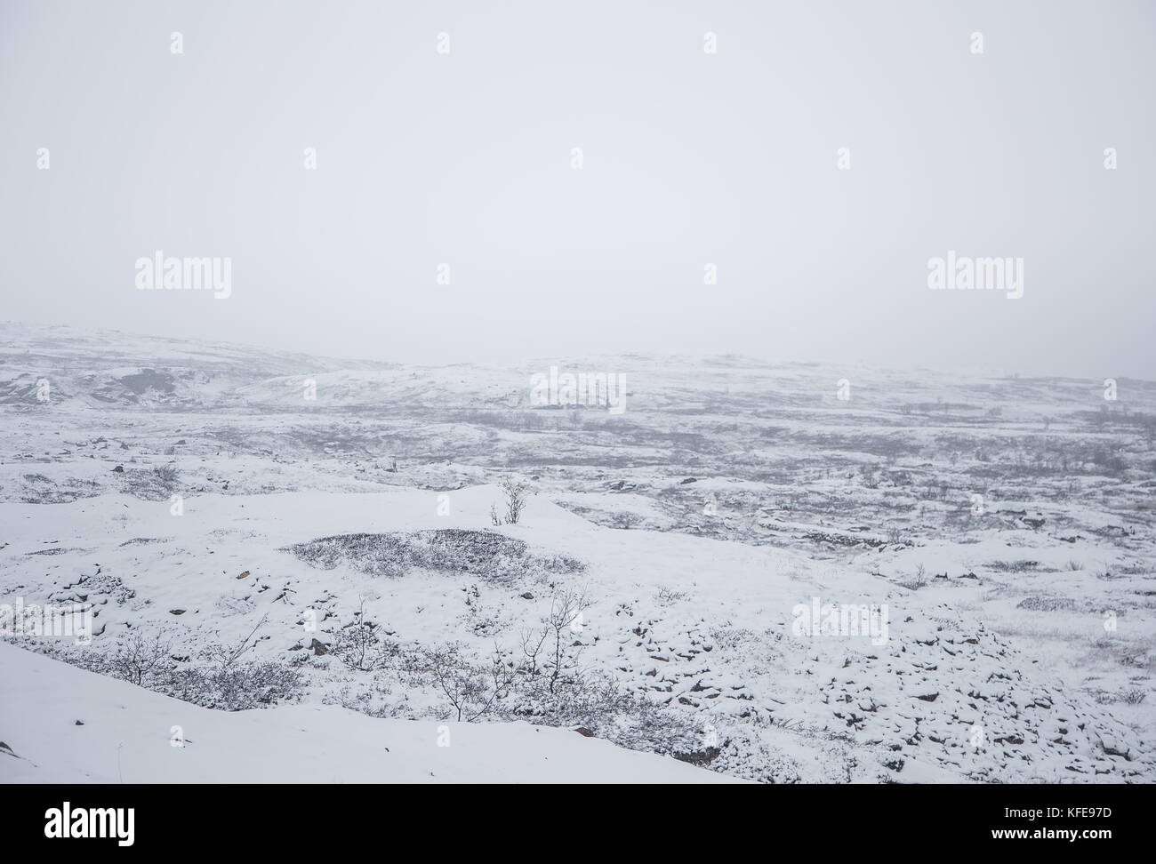 A beautiful Norwegian landscape in first snow in autumn. White, snowy ...