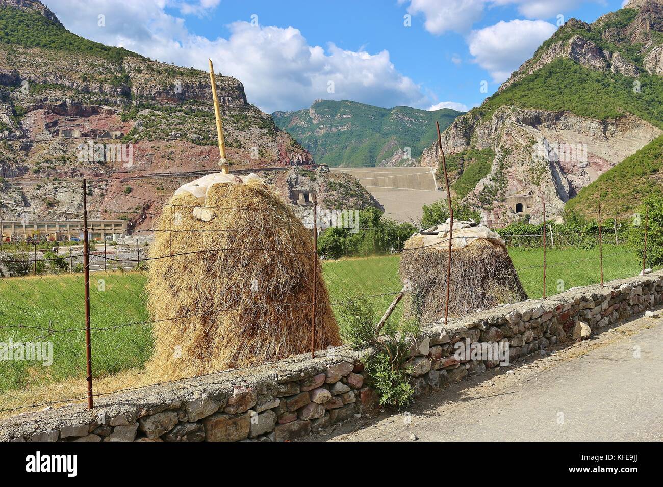 Mountain landscape in North Albania with river Koman and a huge dam, in ...