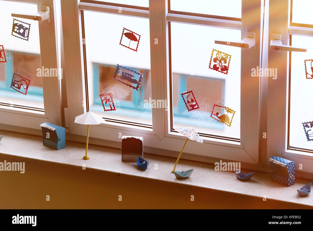 Paper decorations on a school window. Children imagination.School ...