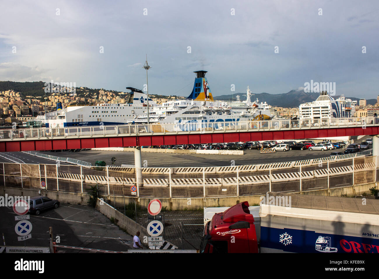 Sunset at the Port of Genoa, Italy, the major Italian seaport on the ...