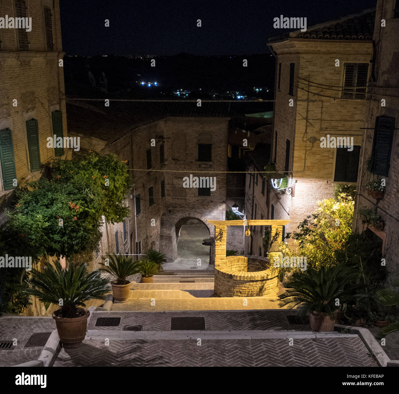 Corinaldo (Ancona, Marches, Italy): the historic town at evening. Well ...