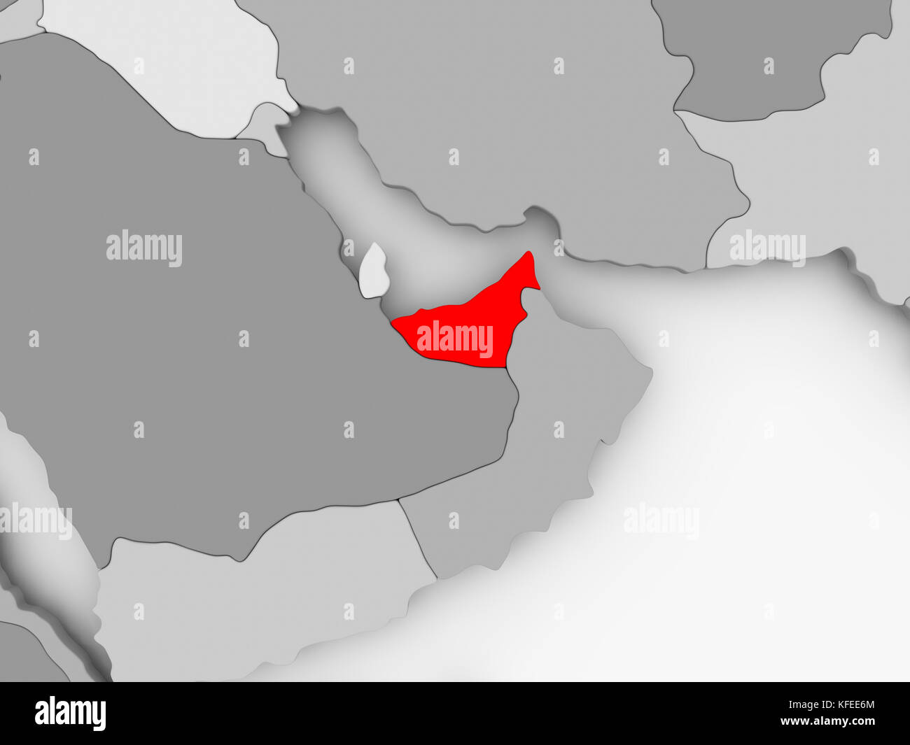 United Arab Emirates in red on grey political map. 3D illustration ...