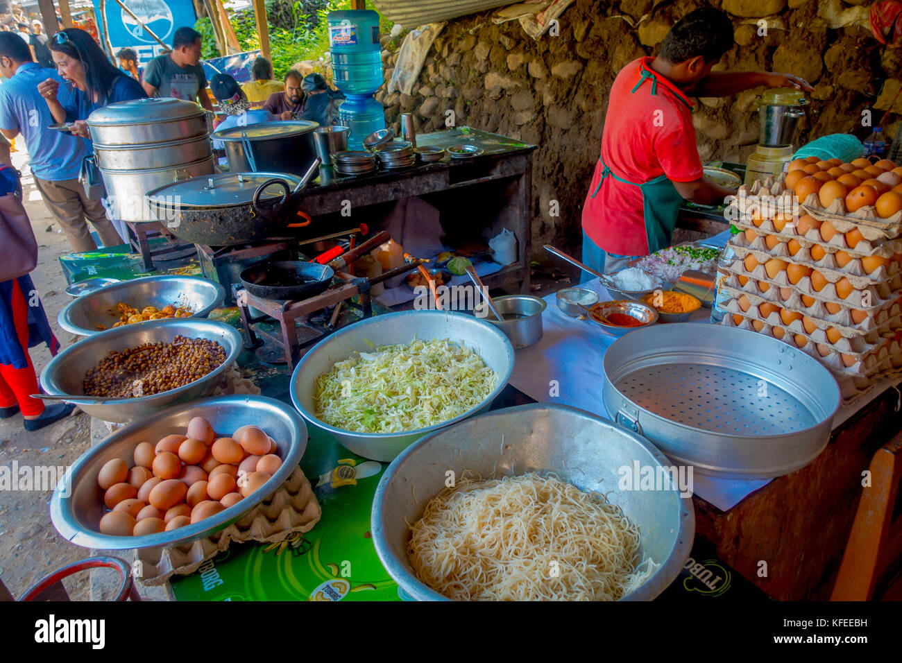 POKHARA, NEPAL OCTOBER 10, 2017: Close up of asorted food, noodles ...