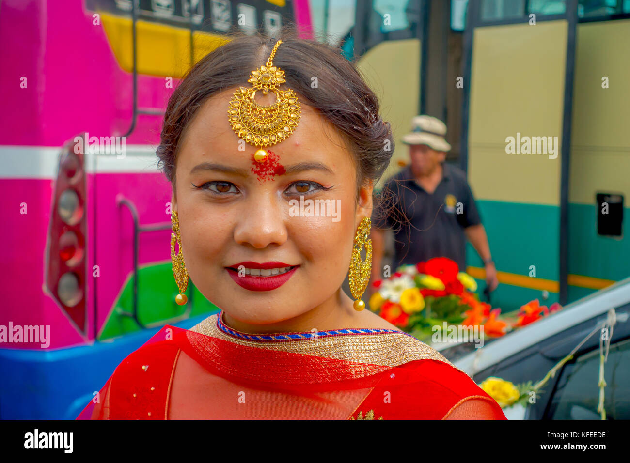 POKHARA, NEPAL OCTOBER 10, 2017: Portrait of a beautiful woman wearing ...