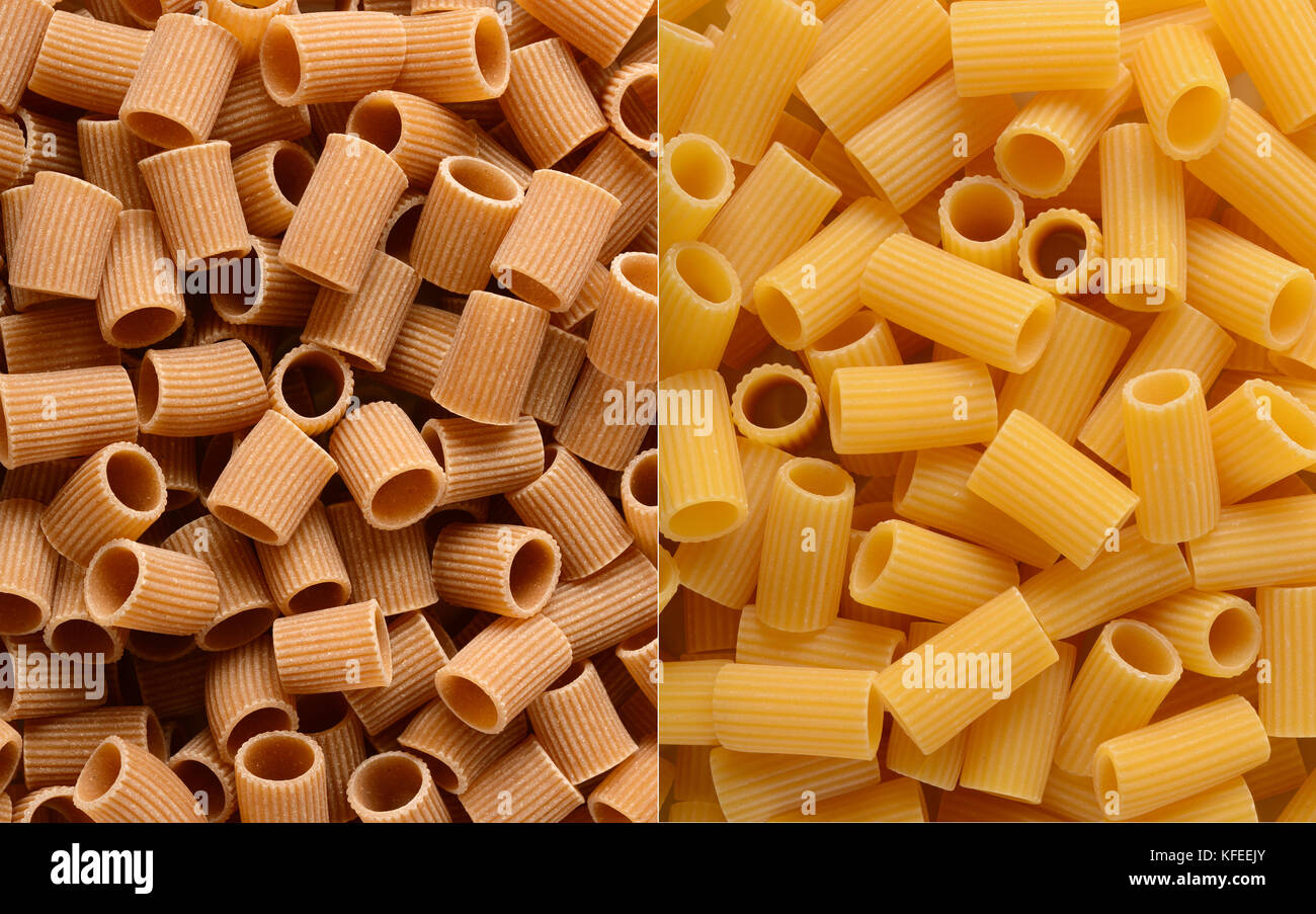 wholemeal pasta and not wholemeal pasta - closeup Stock Photo - Alamy