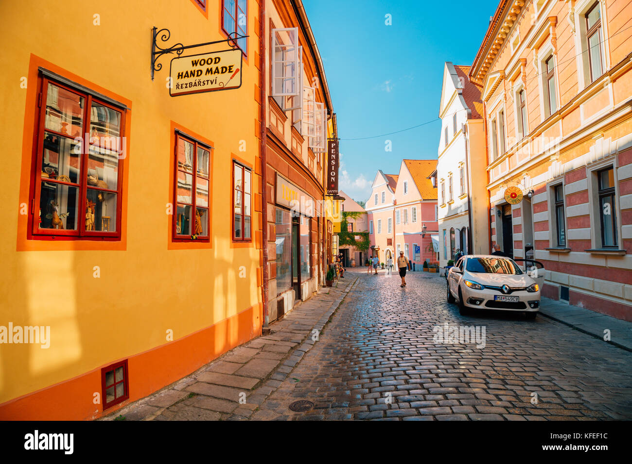European colorful buildings and store street in Cesky Krumlov, Czech ...