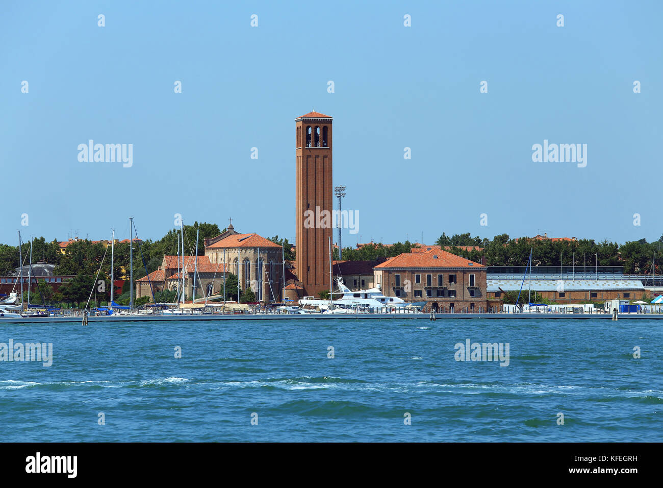 bell tower of Saint Elena Island in Venice in Italy and th boat Stock ...
