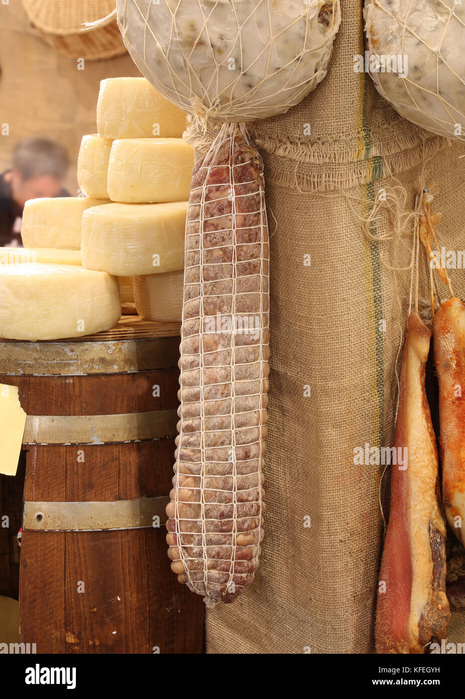 long hanging salami and aged cheese in the typical Italian products ...