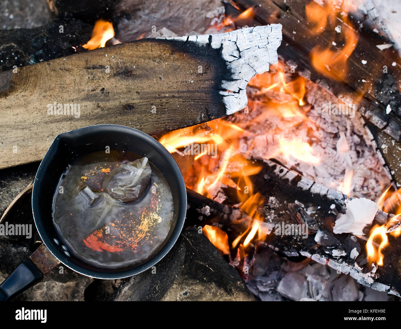 Making tea on a burning bonfire excellent to portray outdoor leisure ...