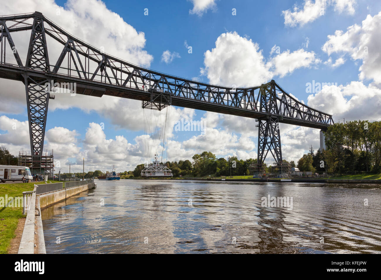 Rendsburg High Bridge with the transporter bridge crossing Kiel Canal ...