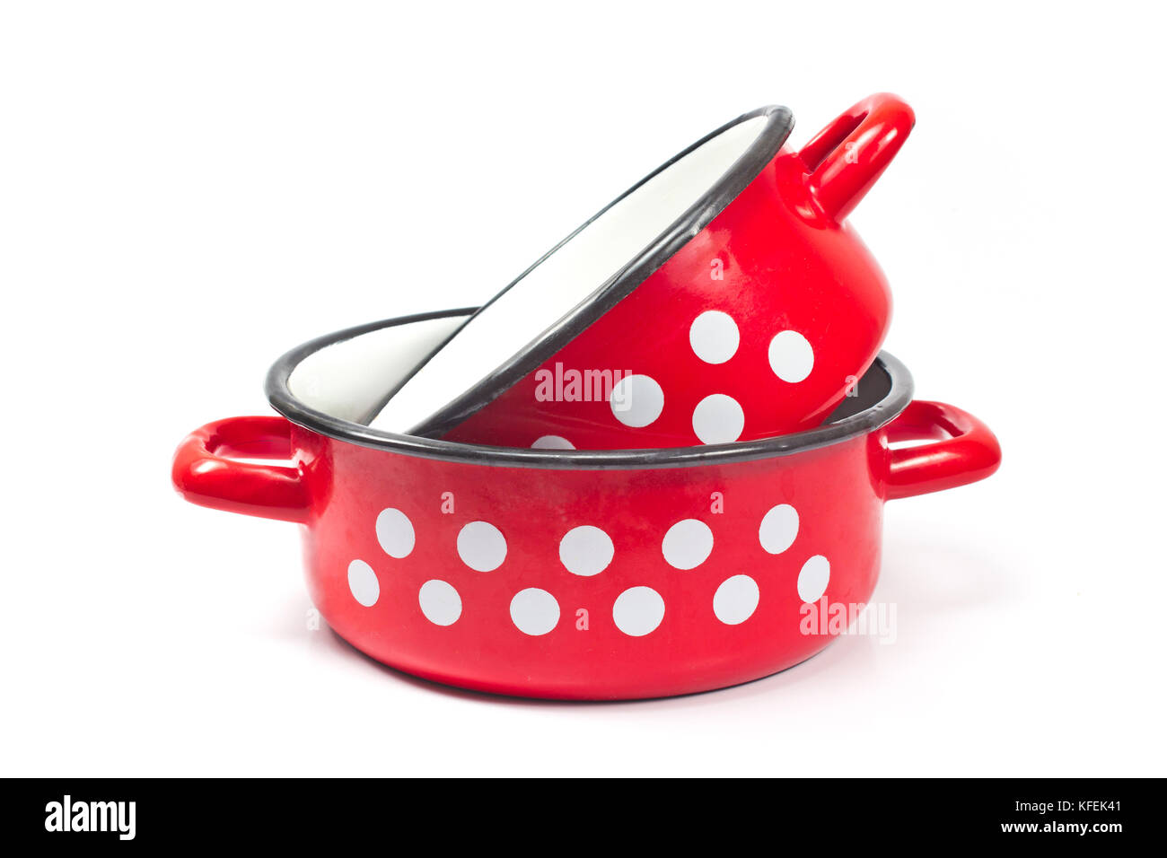 Red cooking pot with dots isolated on white Stock Photo - Alamy