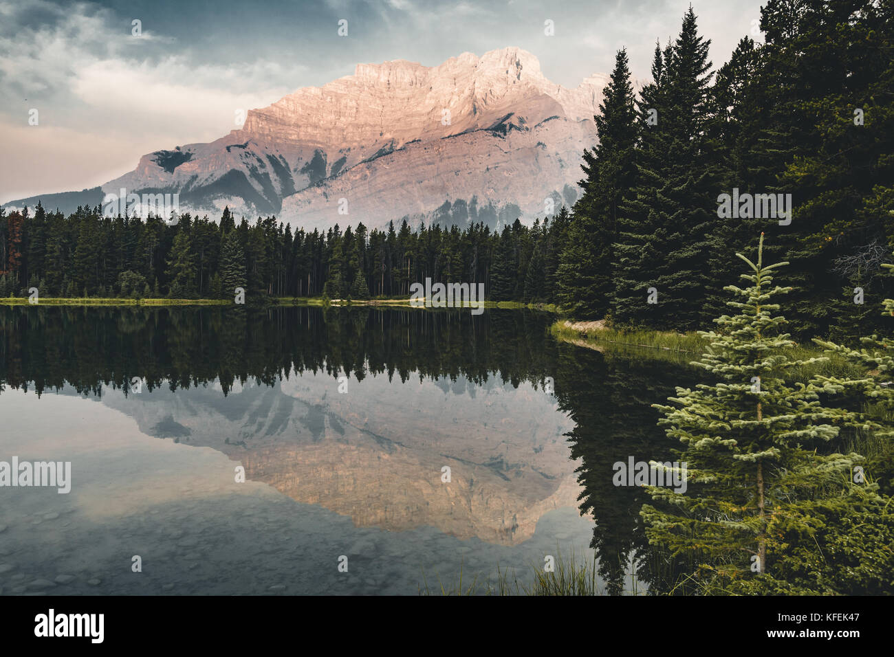 Two Jack Lake with mountain reflections along the Two Jack Lake Stock ...