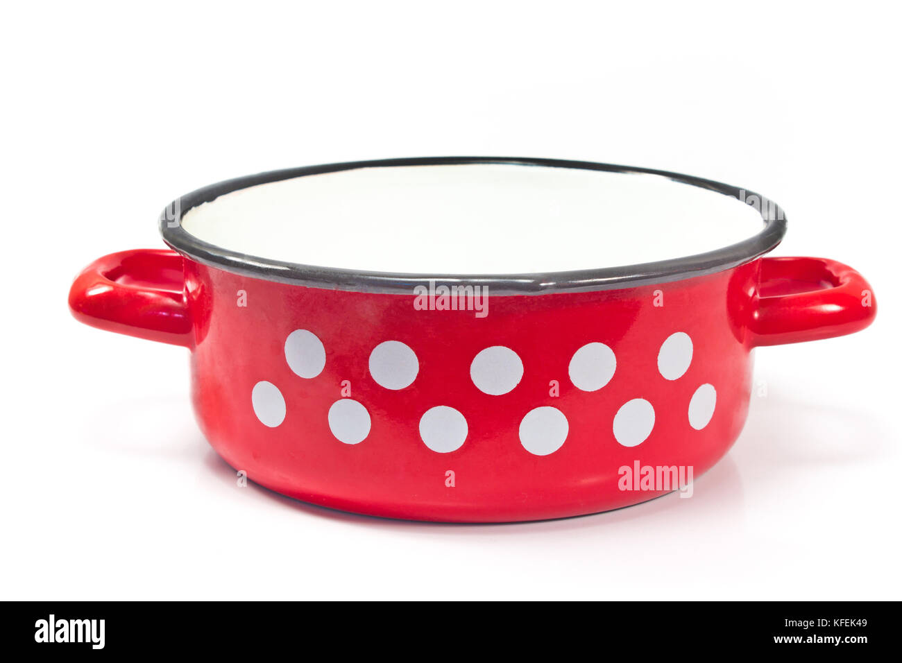 Red cooking pot with dots isolated on white Stock Photo - Alamy