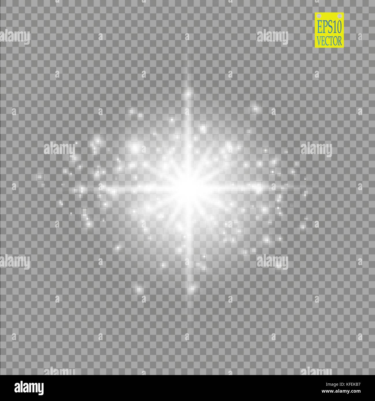 Set of white glowing lights effects isolated on transparent background. Sun flash with rays and ...