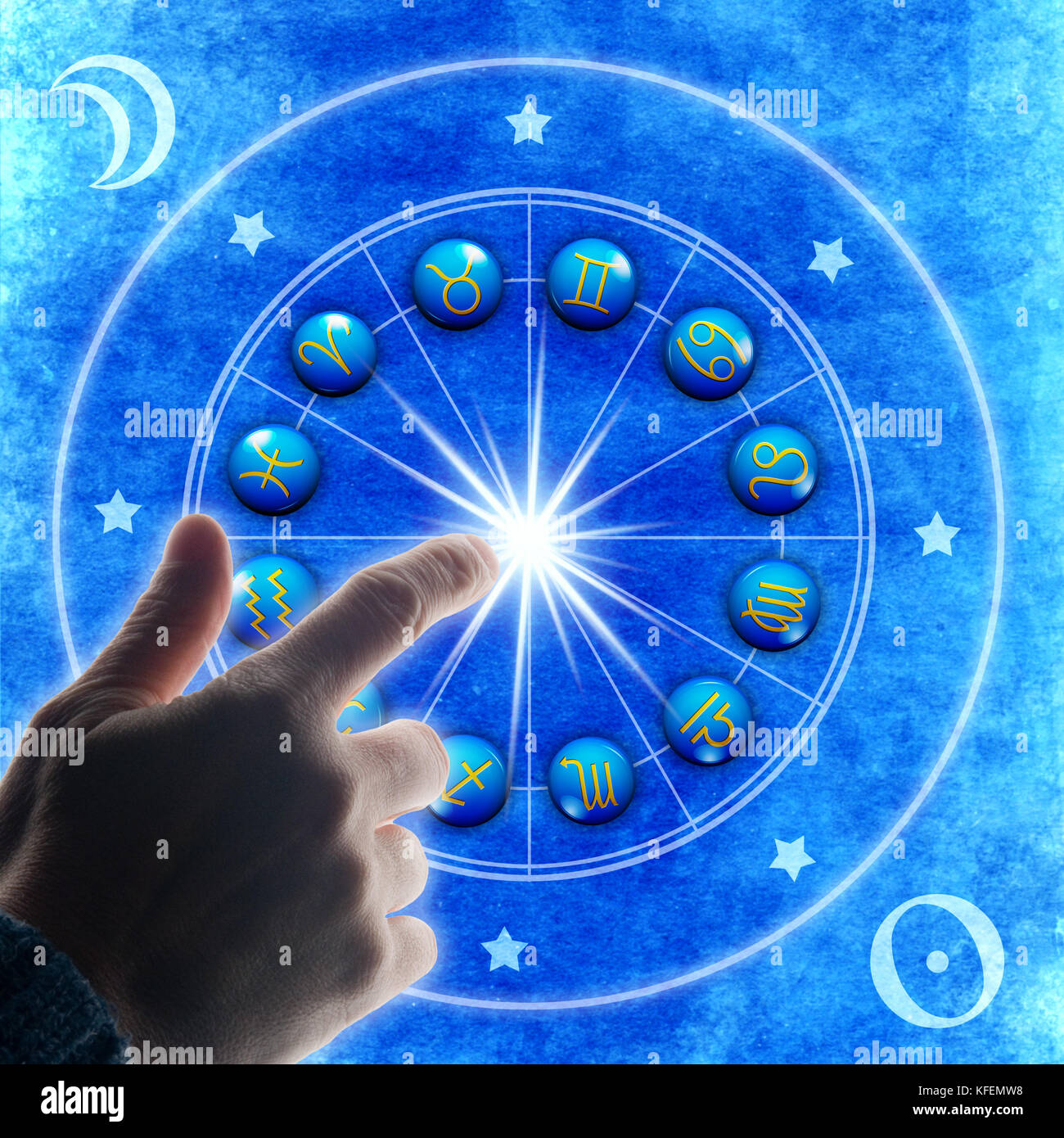 hand touching an astrology wheel with all the zodiac signs Stock Photo ...