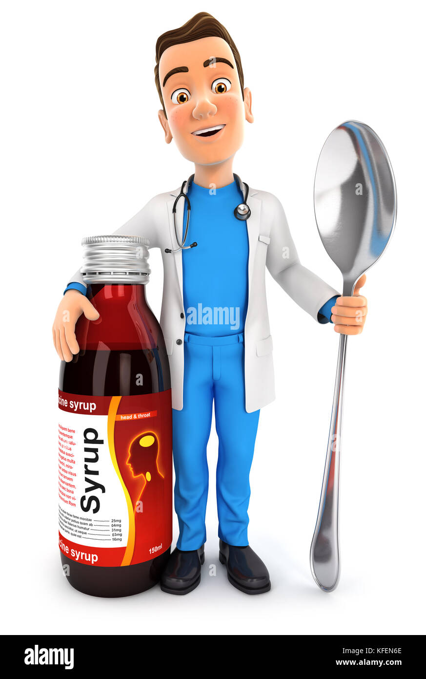 3d doctor standing next to syrup bottle, illustration with isolated ...