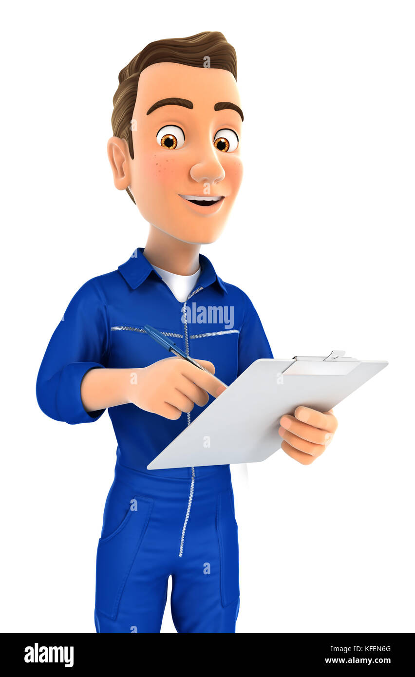 3d mechanic writing on notepad, illustration with isolated white ...