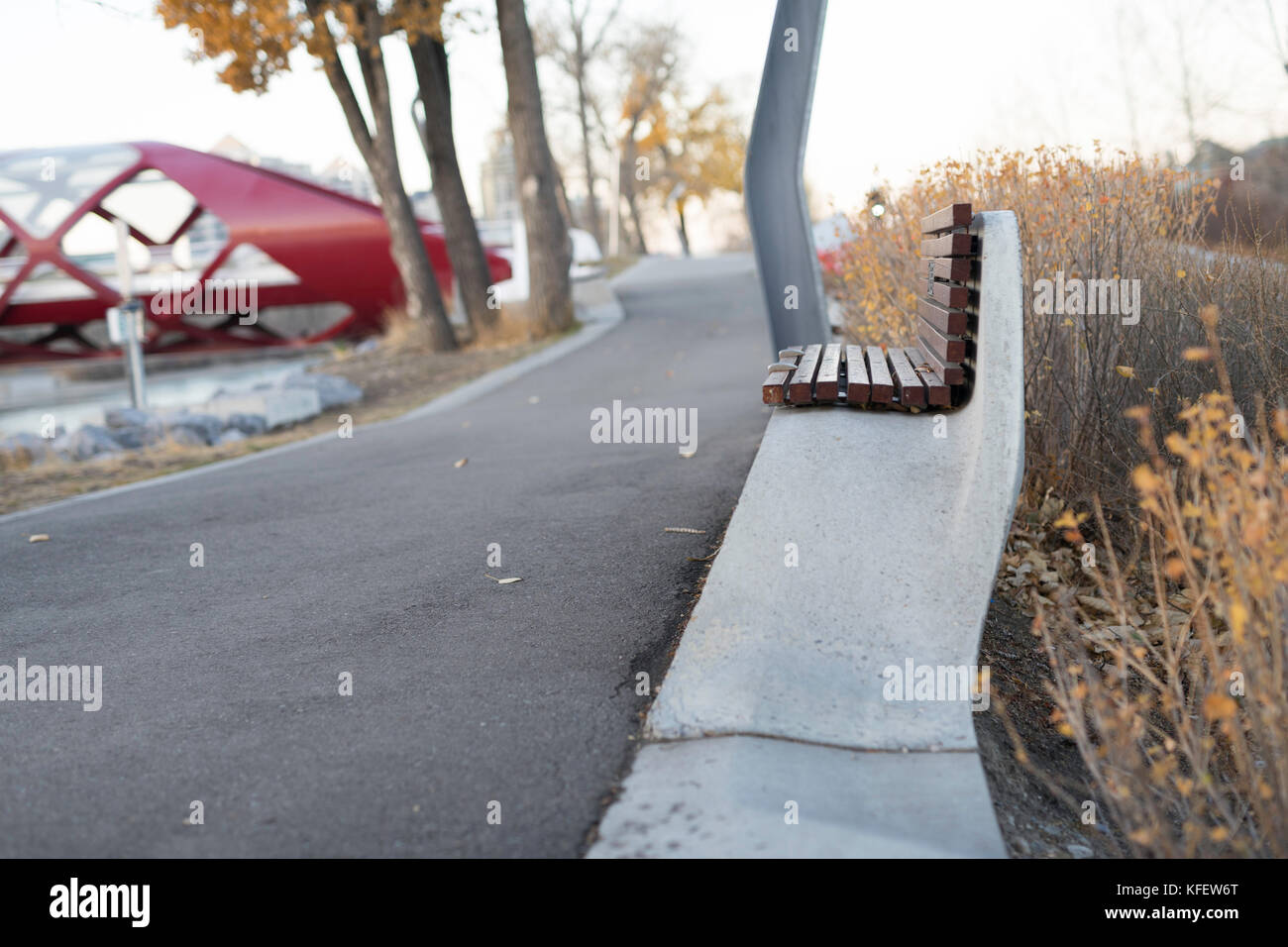 Park bench by the Bow River in Calgary with the Peace Bridge in the ...