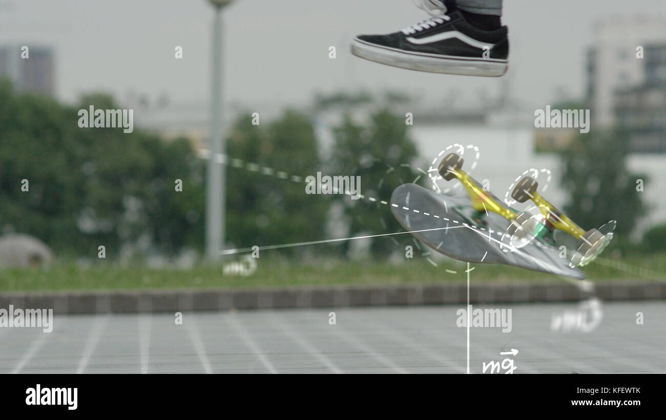 Close-up of skateboarders foot while skating in skate park, graphics ...