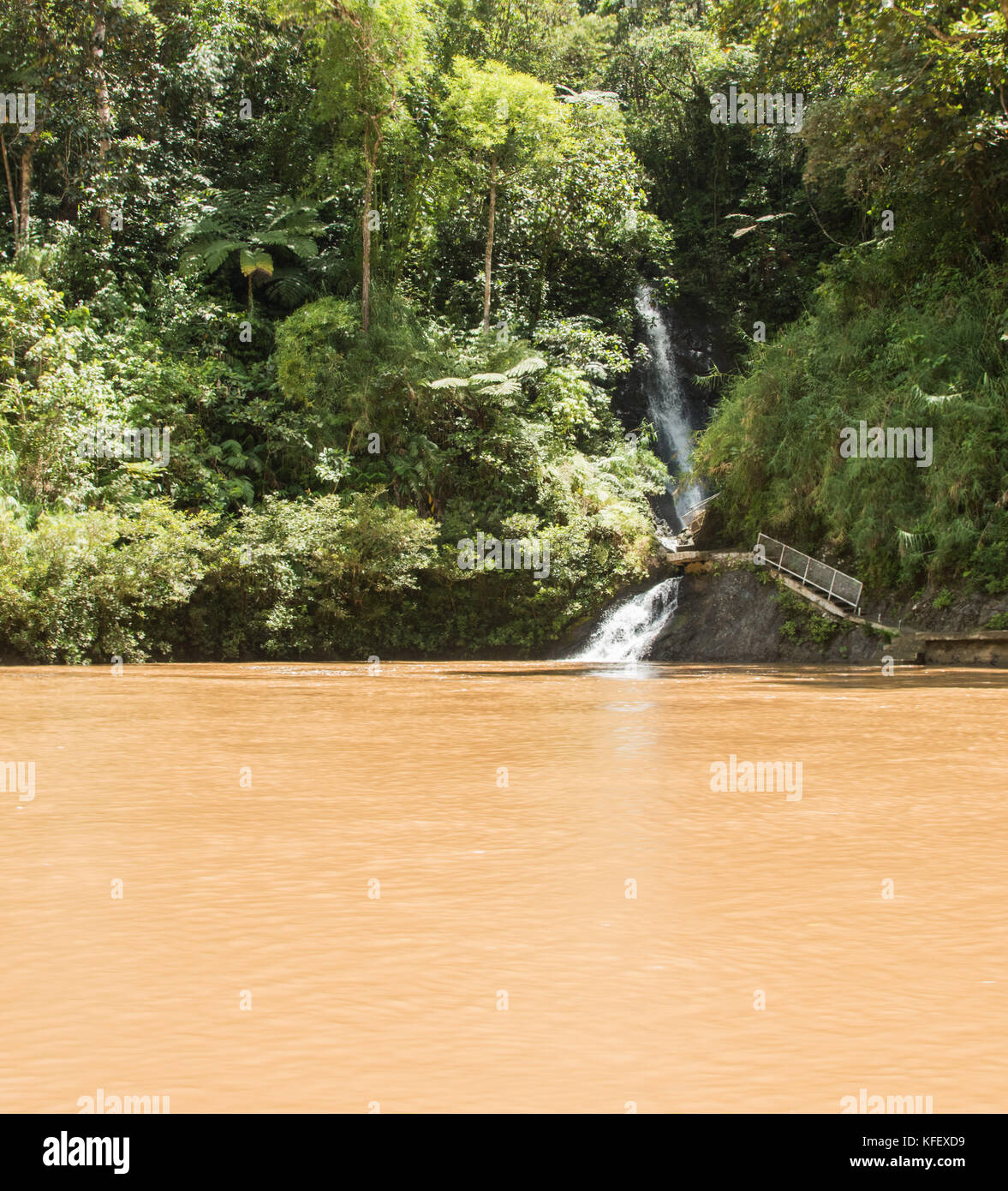 Natural waterfall cascading into the Navua River with lush rainforest ...