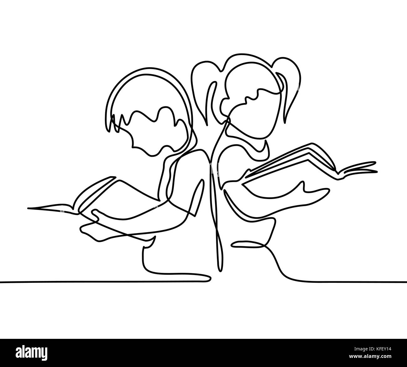 Kids reading books. Back to school concept. Continuous line drawing ...