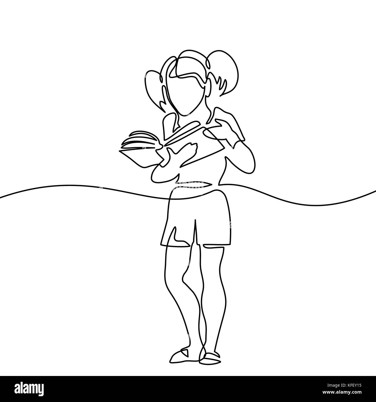 Girl reading book. Back to school concept. Continuous line drawing ...