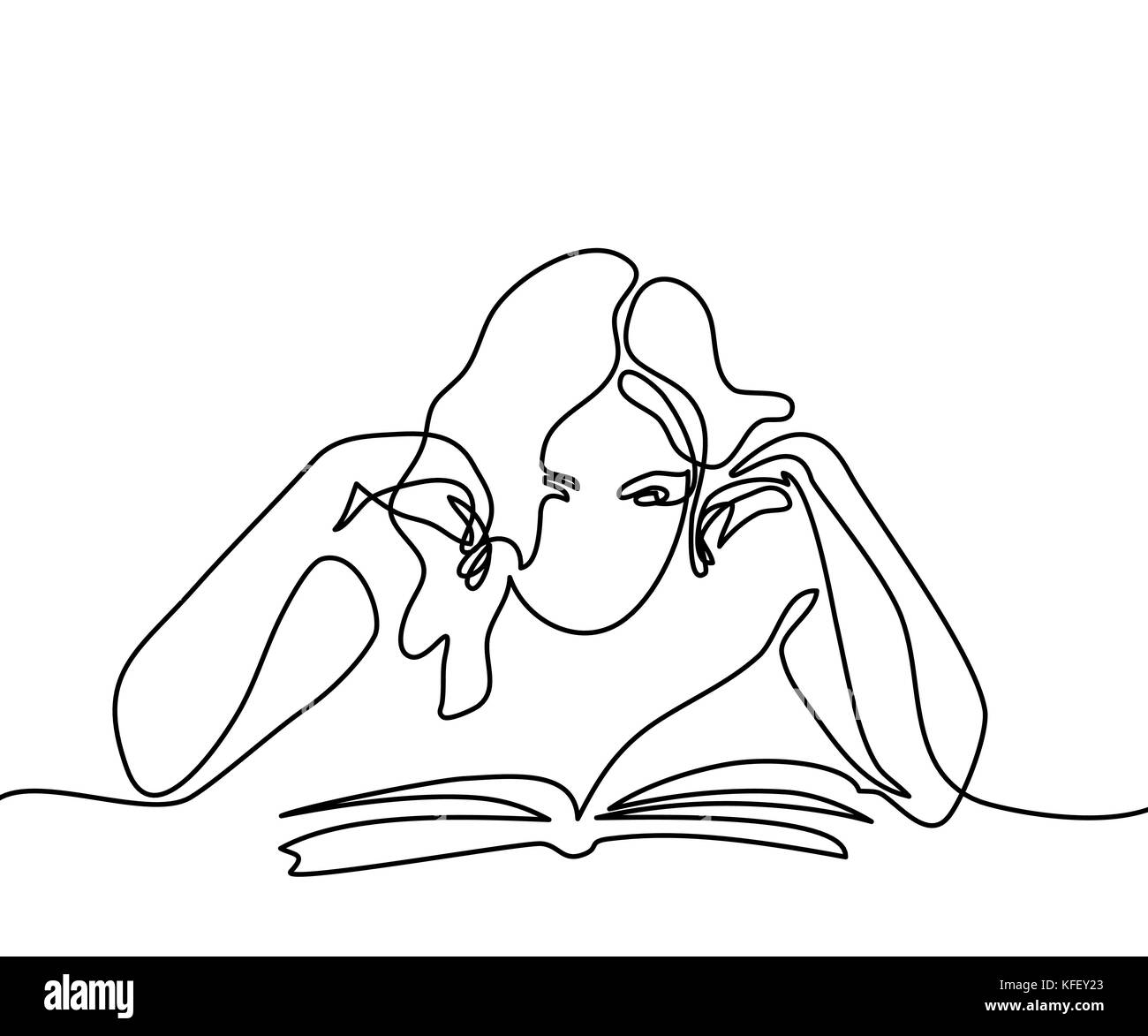 Continuous line drawing. Young woman reading book. Vector illustration ...