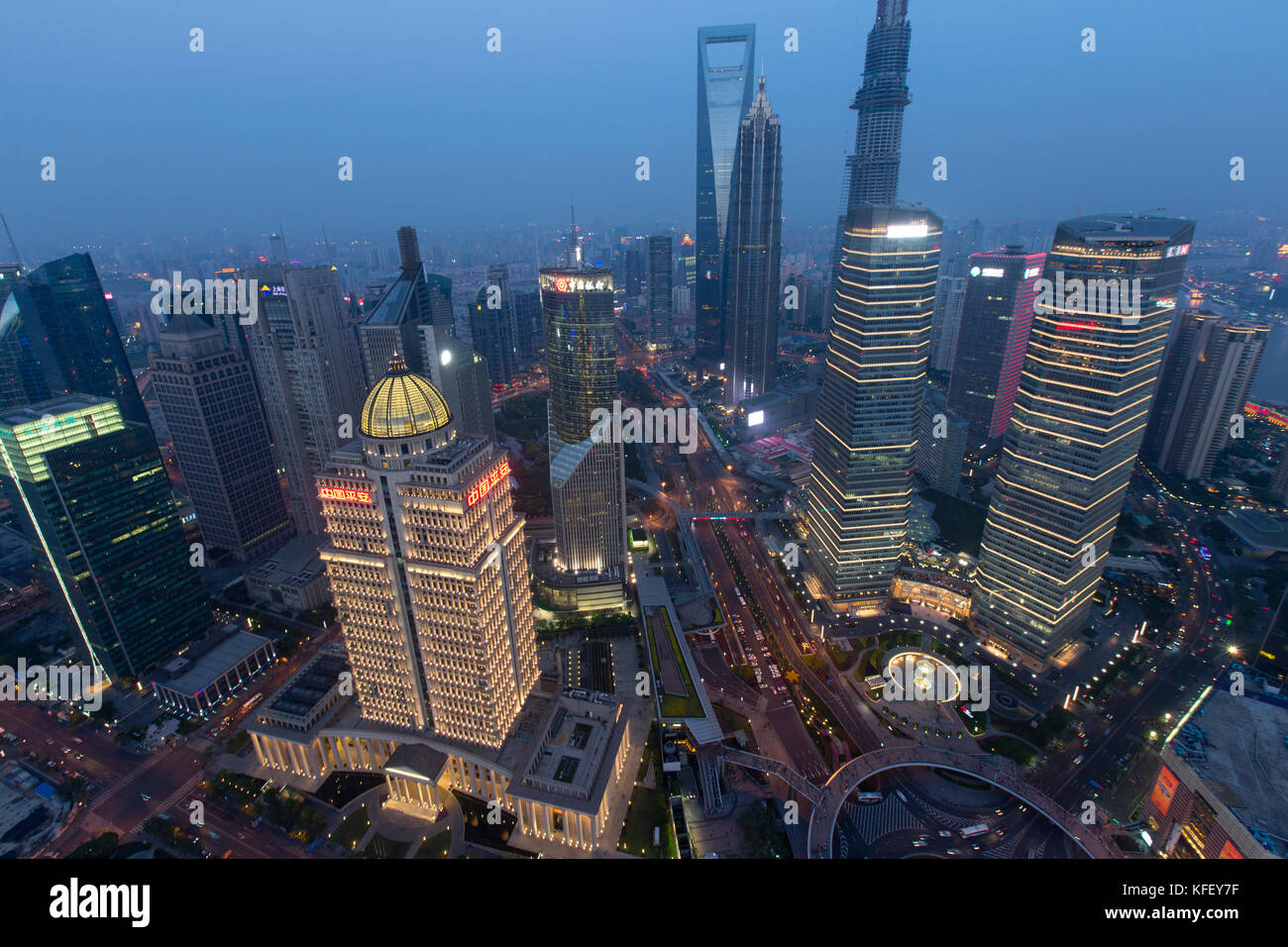 Aerial view of skyscrapers in the financial center of Pudong District ...