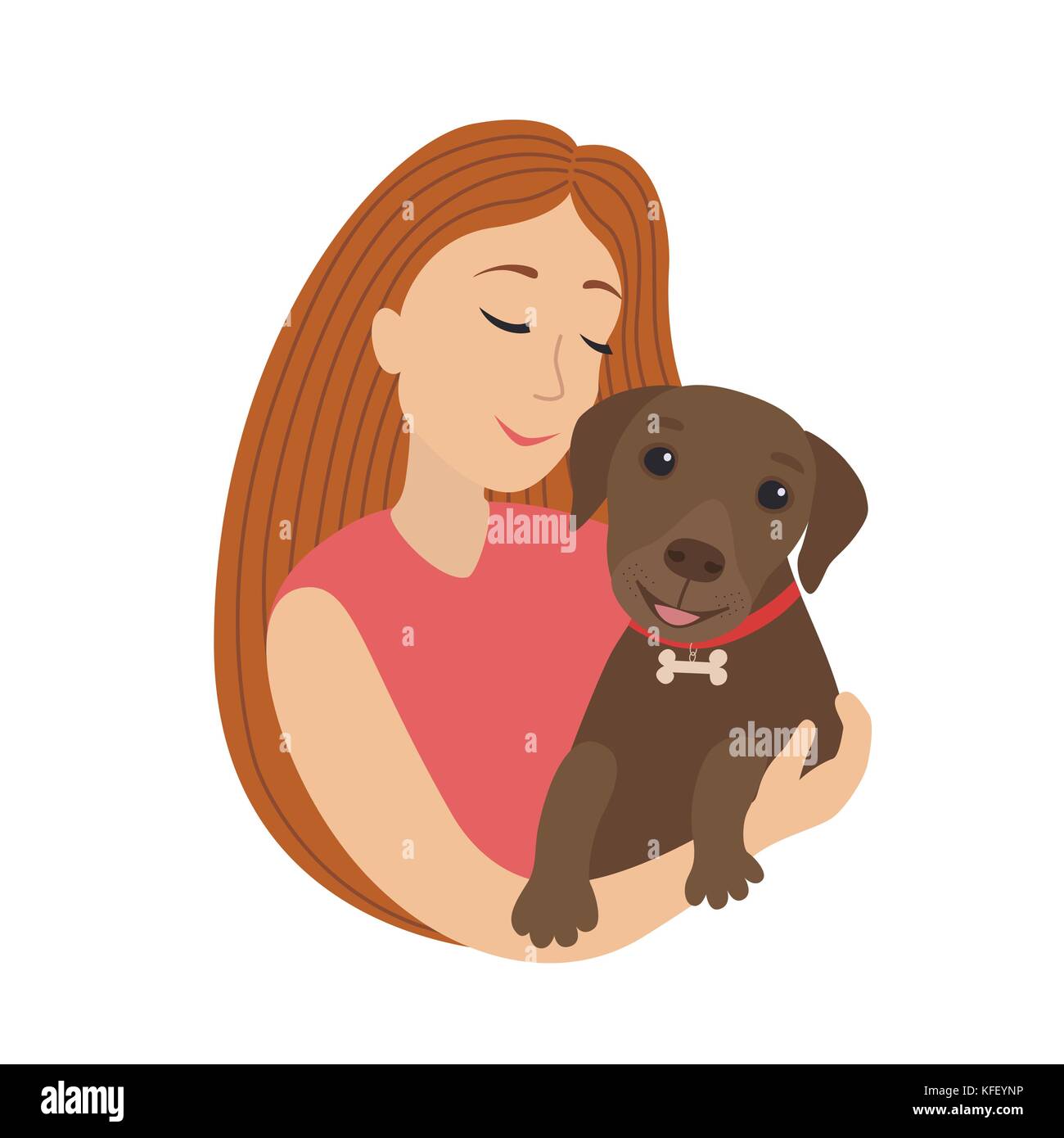 Vector cute cartoon smiling girl hug a puppy labrador, woman hold in ...