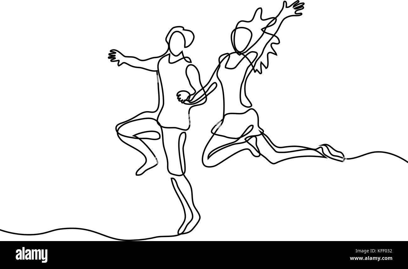 Happy running couple. Continuous line drawing. Vector illustration on ...