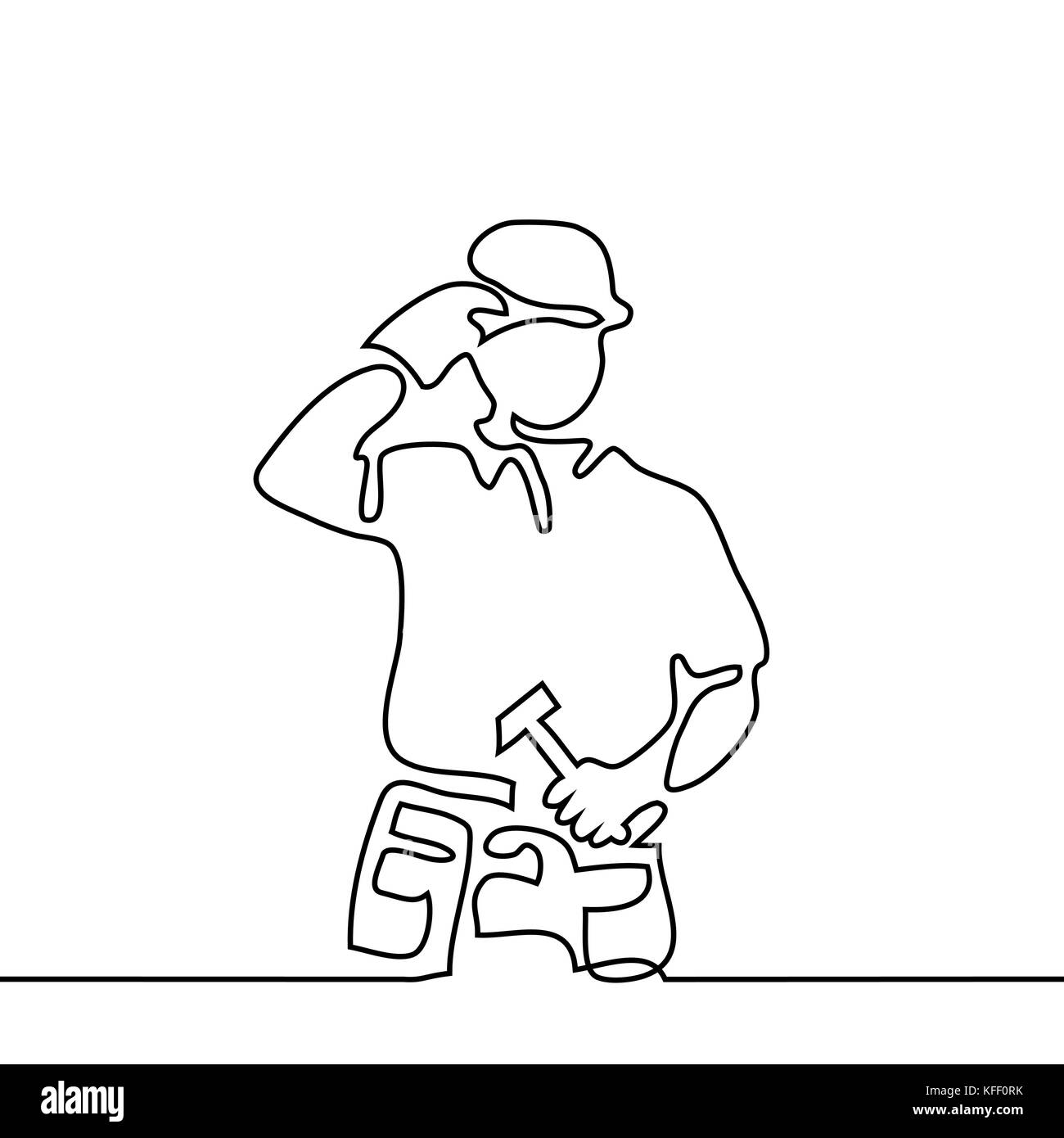 Continuous line drawing. Standing builder man holding tablet. Vector ...