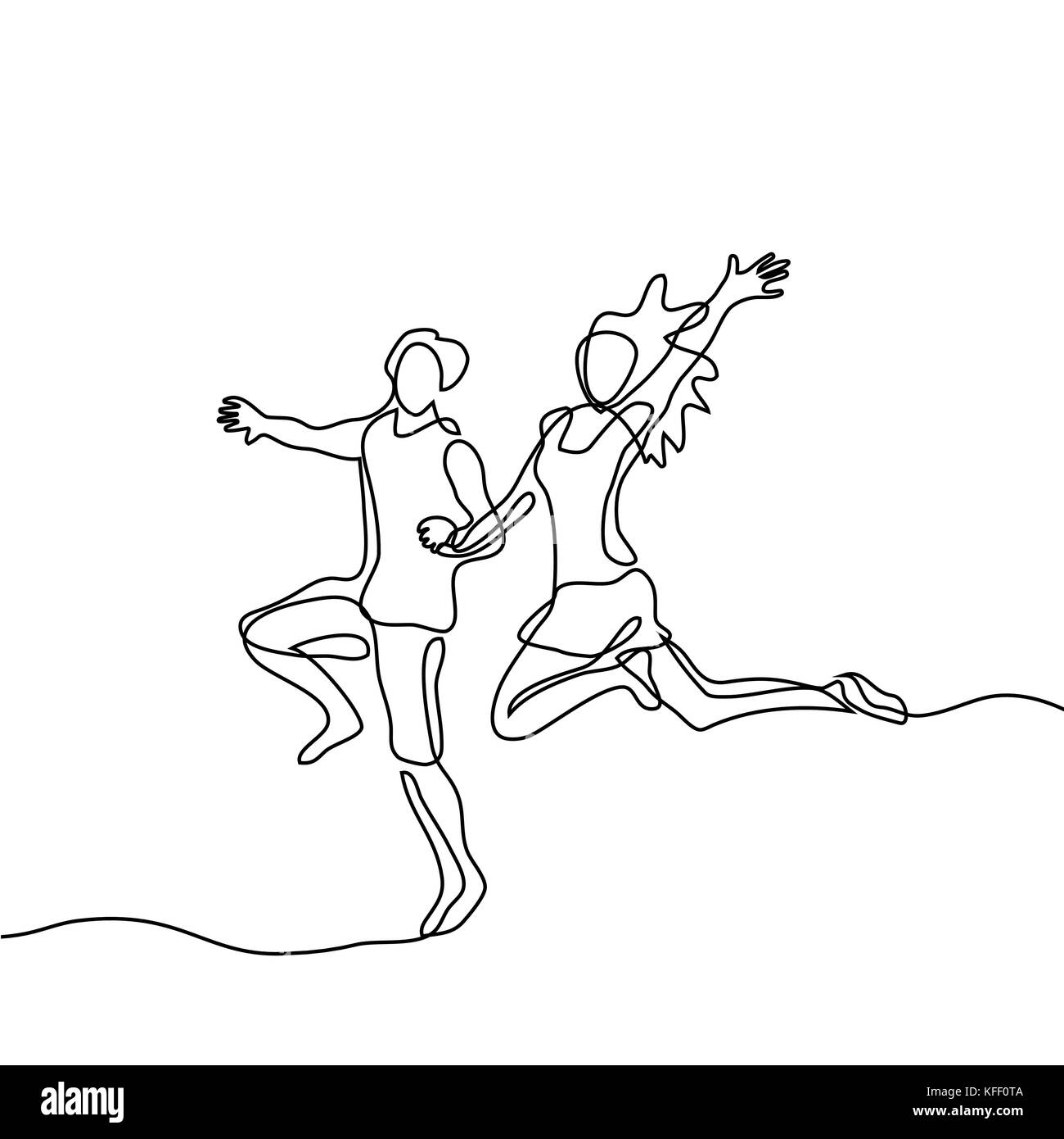 Happy jumping couple. Continuous line drawing. Vector illustration on ...